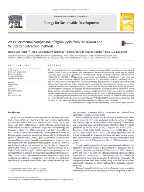Pdf An Experimental Comparison Of Lignin Yield From The Klason And