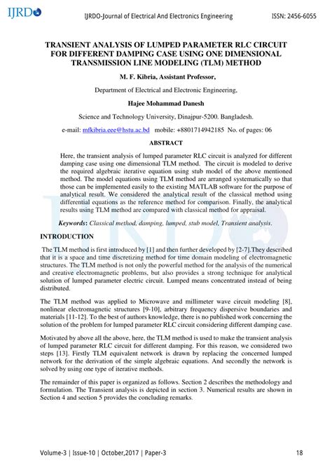 Pdf Transient Analysis Of Lumped Parameter Rlc Circuit For Different Damping Case Using One