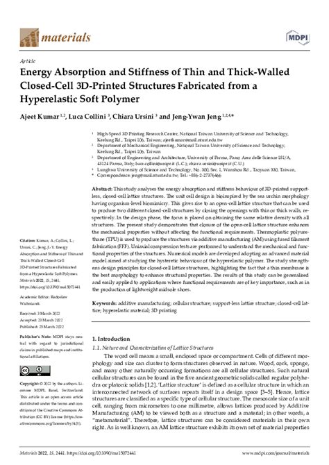 Pdf Energy Absorption And Stiffness Of Thin And Thick Walled Closed Cell 3d Printed Structures