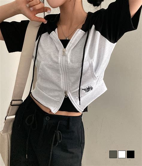 기프티박스 무료배송 Y2k 펑키데이 자수 후드 투웨이 배색 크롭 반팔 집업