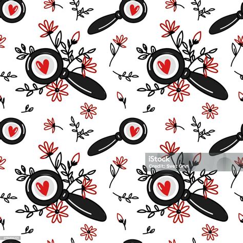 색상의 돋보기가 있는 패턴입니다 벡터의 사랑 검색 아이콘입니다 안에 하트가 있는 돋보기 발렌타인 데이 포장용 질감 인쇄를 위한 Doodle 편평한 장신구 0명에 대한 스톡