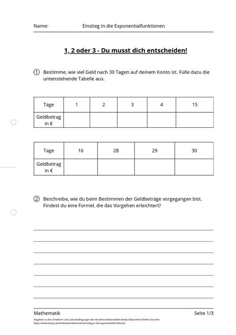 Arbeitsblatt Einstieg In Die Exponentialfunktionen Mathematik