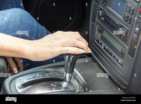Girl In Car Switches Speed Automatic Gearbox Stock Photo Alamy