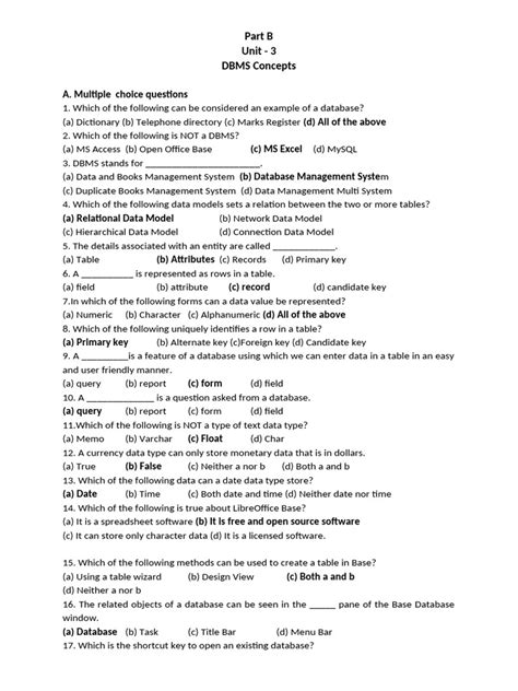 Part B Unit 3 Dbms Concepts Mcqs And Qa Pdf Databases Relational