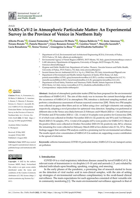 Pdf Sars Cov 2 In Atmospheric Particulate Matter An Experimental Survey In The Province Of