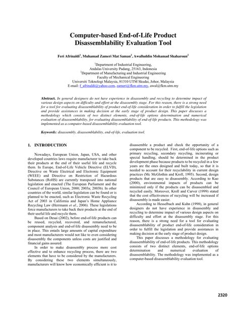 Pdf Computer Based End Of Life Product Disassemblability Evaluation Tool