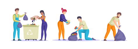 다양한 사람들이 쓰레기를 정리하는 수집 폐기물에서 청소하는 남자 여자 및 어린이 자원 봉사자 가방에 대한 스톡 벡터 아트 및 기타 이미지 Istock
