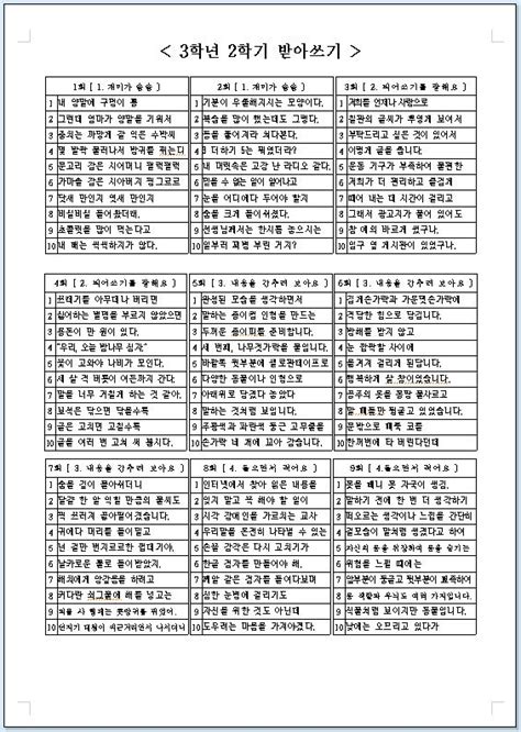 초등학교 3학년 2학기 받아쓰기 급수표 네이버 블로그
