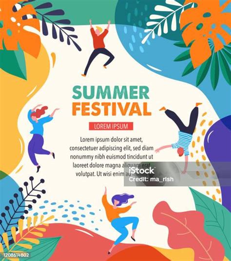 여름 축제 라이브 음악 축제 재즈와 록 푸드 스트리트 페어 가족 박람회 이벤트 포스터 및 행복한 사람들과 함께 배너의 개념 벡터 디자인 및 일러스트레이션 여름에 대한 스톡