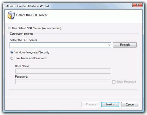 creating a new sql server configuration database with bacnet