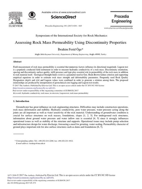 Assessing Rock Mass Permeability Using Discontinuity Properties Pdf Porosity Permeability
