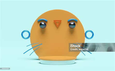 얼굴 모양으로 비어 있는 주황색 연단 현대적인 무대 디스플레이와 미니멀한 모형 추상적인 쇼케이스 배경을 위한 파란색 구성의 기하학적 모양 개념 3d 그림 또는 3d 렌더링
