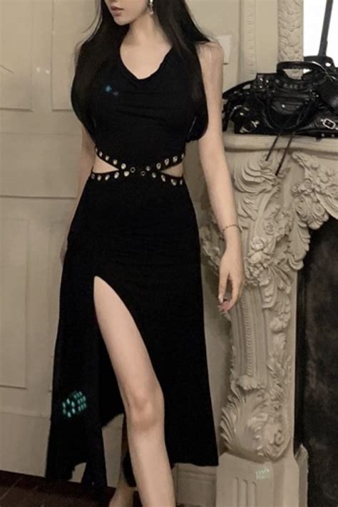 핑크프릴 오라 섹시 브이넥 허리 트임 민소매 나시 슬릿 원피스