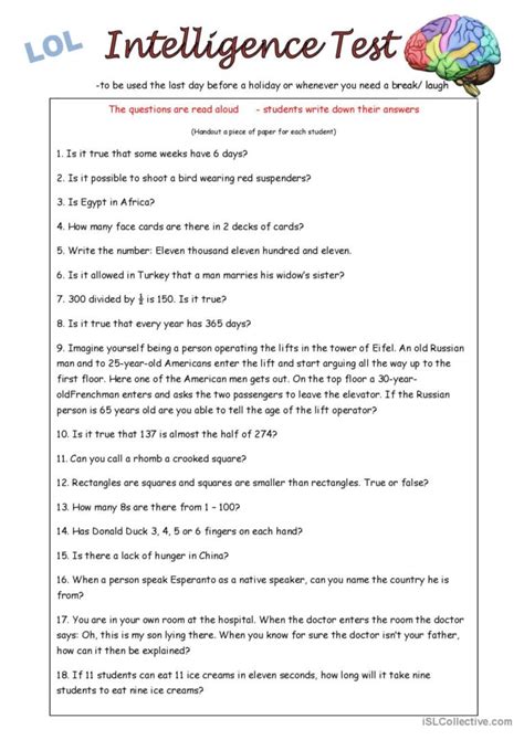IQ Test English ESL Worksheets Pdf Doc OFF