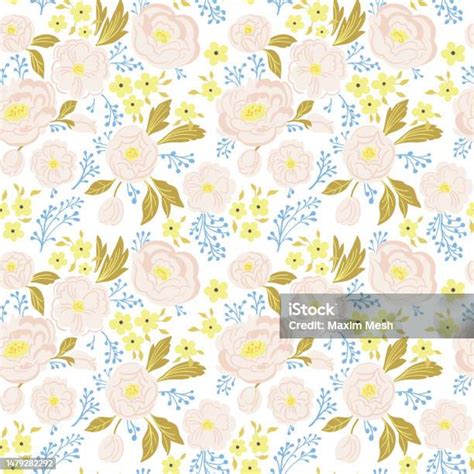 벡터 수채화 꽃 연속 원활한 수채화 꽃 꽃 패턴 부드러운 반복 패턴 베이지 색 꽃과 밝은 배경에 녹색 나뭇잎 0명에 대한 스톡 벡터 아트 및 기타 이미지 Istock