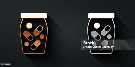 금과 은 의학 병과 검은 배경에 고립 된 알약 아이콘 병 알약 기호 약국 디자인 긴 그림자 스타일 벡터 0명에 대한 스톡 벡터 아트 및 기타 이미지 Istock