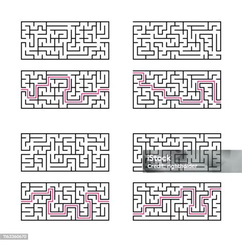 4개의 직사각형 미로 세트입니다 어린이를위한 게임 흰색 배경에 격리 된 간단한 평면 벡터 그림입니다 대답과 함께 0명에 대한 스톡 벡터 아트 및 기타 이미지 Istock