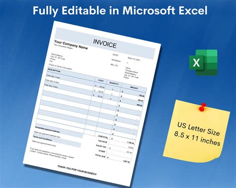 Excel Invoice Template Small Business Invoice Editable Invoice Printable Invoice Custom