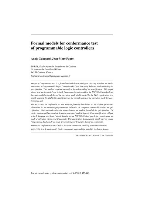 Pdf Formal Models For Conformance Test Of Programmable Logic Controllers