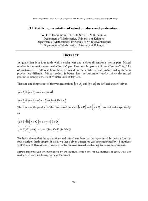 pdf matrix representation of mixed numbers and quaternions