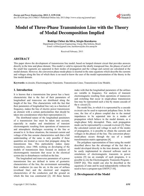 Pdf Model Of Three Phase Transmission Line With The Theory Of Modal Decomposition Implied