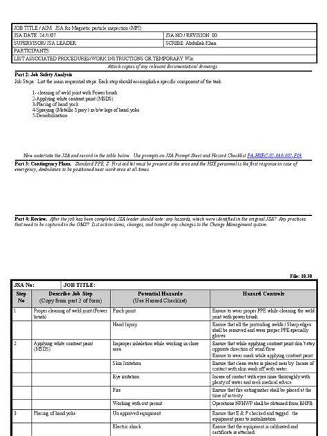 Jsa For Mpi Pdf Occupational Safety And Health Prevention