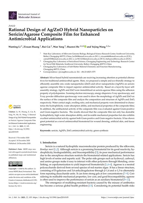 Pdf Rational Design Of Agzno Hybrid Nanoparticles On Sericinagarose Composite Film For