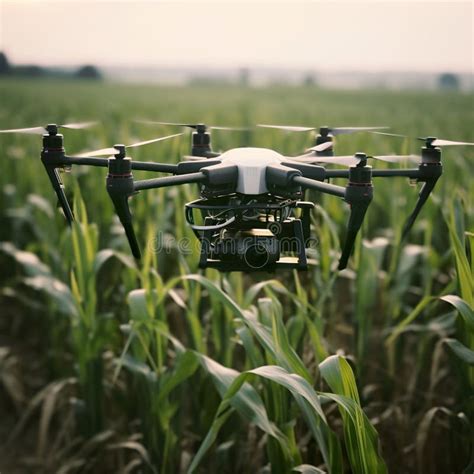 Closeup Of A Drone In A Field Of Green Corn Stalks Drone Filming Or Monitoring Corn Field Stock