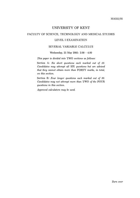 Several Variable Calculus Exam 2005 Statistics And Economics Docsity