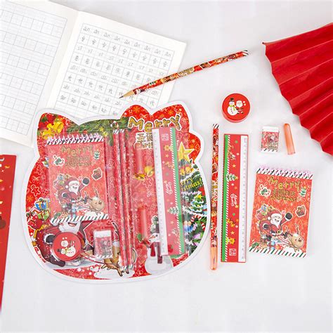 크리스마스 문구 귀여운 만화 연필 지우개 눈금자 연필 깎이 노트북 키트 학교 문구 어린이 선물 8 개세트 수공예품 및 바느질