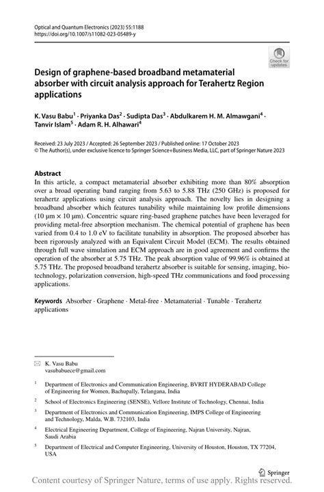 Design Of Graphene Based Broadband Metamaterial Absorber With Circuit
