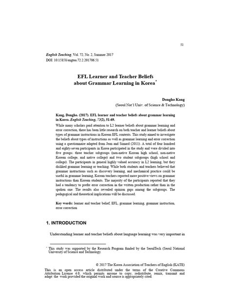 Efl Learner And Teacher Beliefs About Grammar Learning In Korea Pdf Second Language