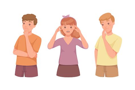 잠겨 있는 남자와 여자 캐릭터는 머리를 긁적이며 무언가를 생각하고 고려 벡터 일러스트레이션 세트 감정에 대한 스톡 벡터 아트 및 기타 이미지 Istock