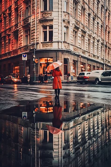 A Woman In A Red Coat Is Standing In The Rain With An Umbrella Stock Image Image Of Drop