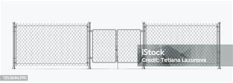 게이트와 금속 기둥이 있는 사실적인 철판 울타리 도어와 배리어 체인 링크 메쉬 3d 감옥 또는 군용 와이어 테두리 벡터 요소 게이트에 대한 스톡 벡터 아트 및 기타 이미지