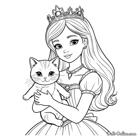 Раскраска Принцесса и пушистый котёнок распечатать раскраски для детей