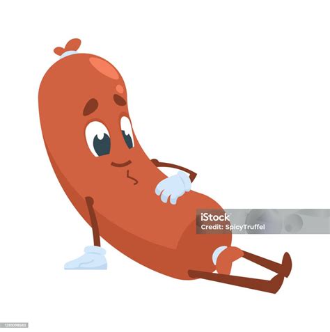 소시지 캐릭터 귀여운 얼굴 팔 다리가 있는 아침 식사 스낵 마스코트 바베큐 식사 패스트 푸드 및 핫도그 광고 고립 된 육류 제품