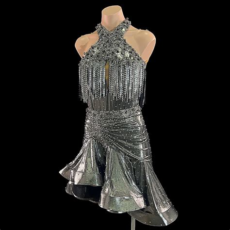 Syl Black Ruched Stone Fringe Rhinestone Dancesport Dress Standard