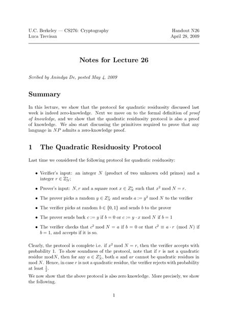 The Quadratic Residuosity Protocol Luca Trevisan Uc Berkeley