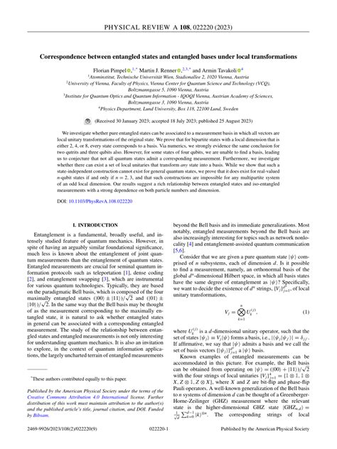 Pdf Correspondence Between Entangled States And Entangled Bases Under