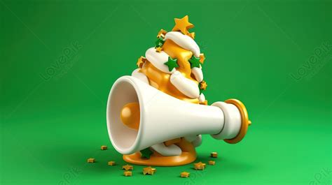 생생한 3d 그림 흰색 아이스 크리스마스 케이크와 동적 노란색 확성기가 포함된 축제 녹색 배경 리스 배경 아이 배경 연두색 배경 이미지 Hd 리스 아이 연두색