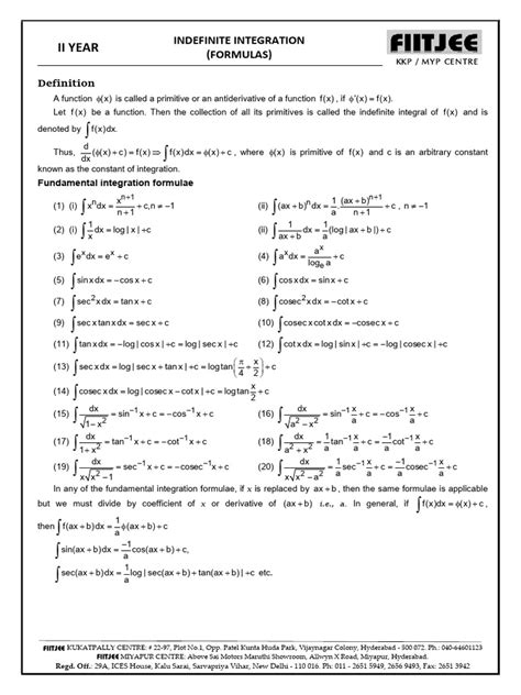 indefinite integration formulas mgk pdf function mathematics