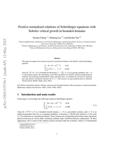 Pdf Positive Normalized Solutions Of Schrödinger Equations With Sobolev Critical Growth In