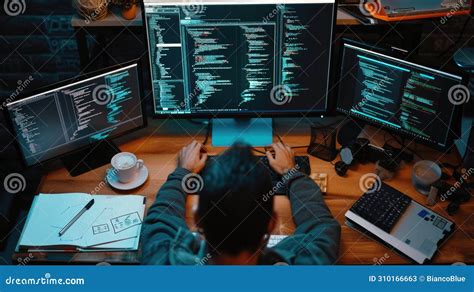 software developer working on code in dual monitor setup aig41 stock
