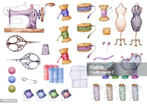 바느질과 자수 로고 가위 실 바늘 흰색 격리된 배경에 수채화 그림 고풍스런에 대한 스톡 벡터 아트 및 기타 이미지 고풍스런 공예 로고 Istock