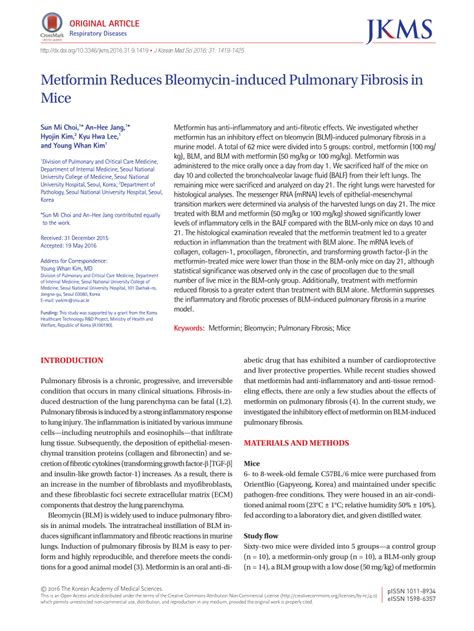 Pdf Metformin Reduces Bleomycin Induced Pulmonary Fibrosis In Mice