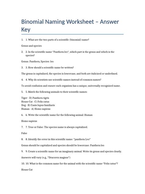 Binomial Naming Answer Key Pdf