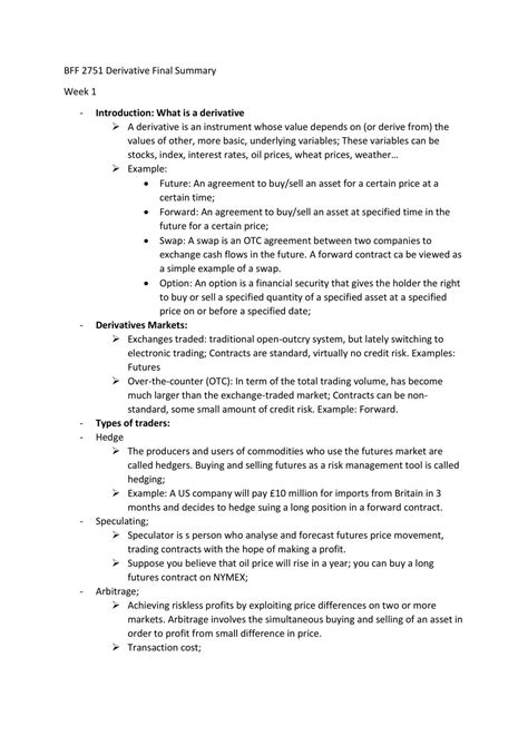 2751 Concise Derivatives Summary Notes Bff2751 Derivatives Monash