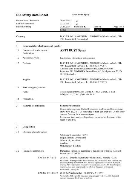 EU Safety Data Sheet ANTI RUST Spray