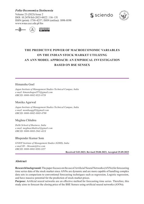 Pdf The Predictive Power Of Macroeconomic Variables On The Indian Stock Market Utilizing An